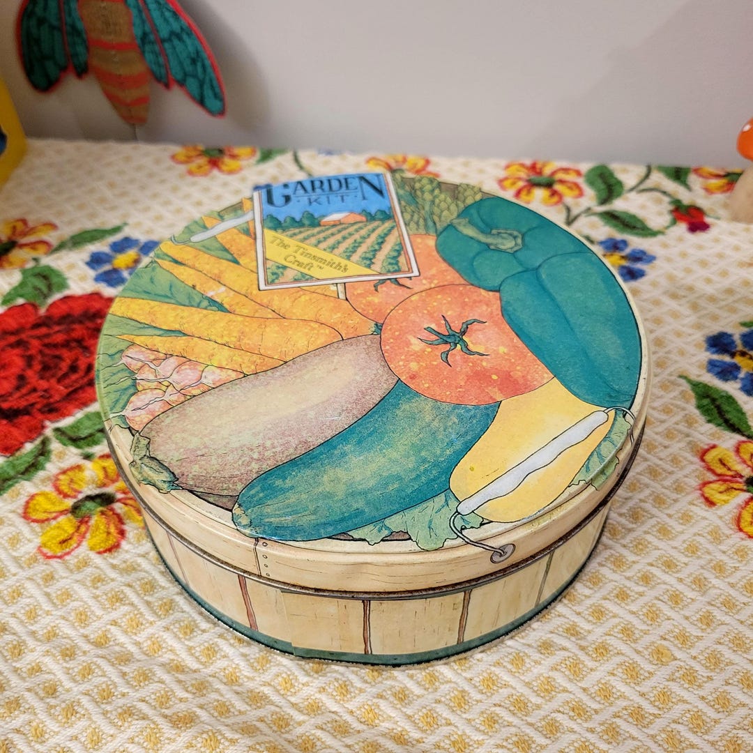 Vintage Tinsmith’s Craft Veggie Garden Tin, Metal Round Container With ...
