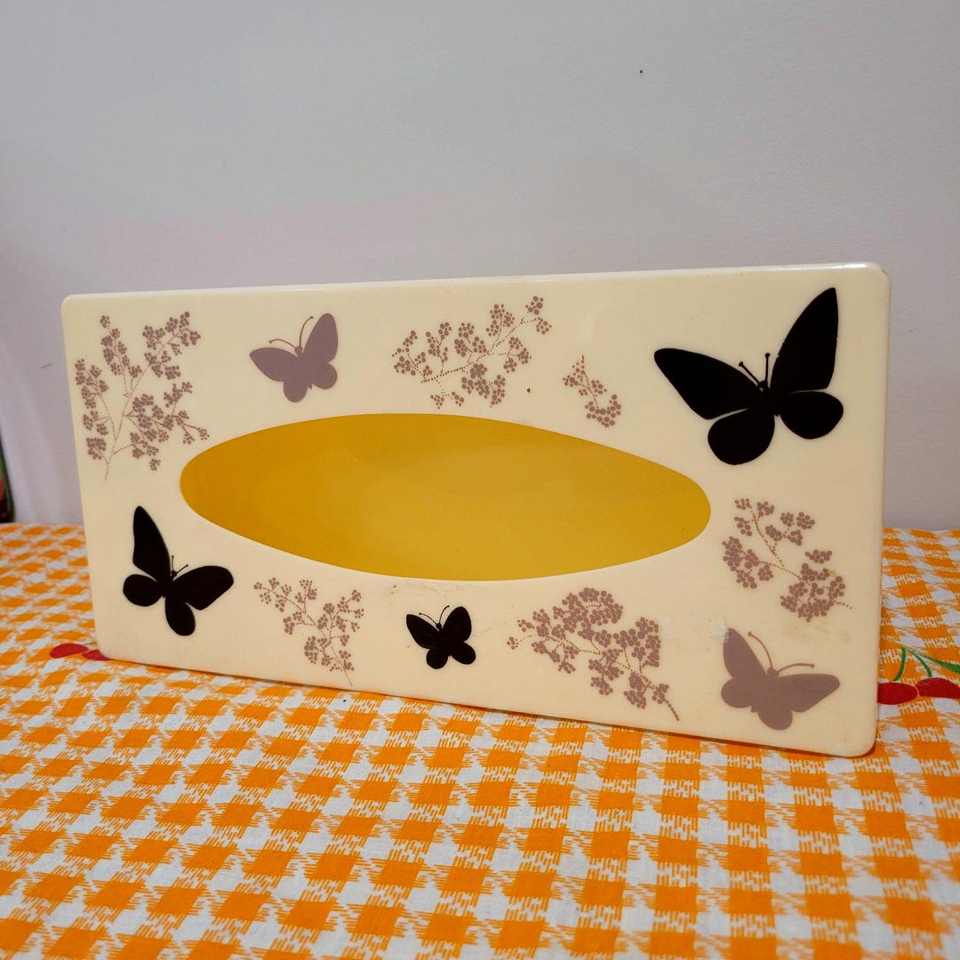 Vintage Butterfly Floral Tissue Box Cover - 70s Cream Plastic Bathroom ...