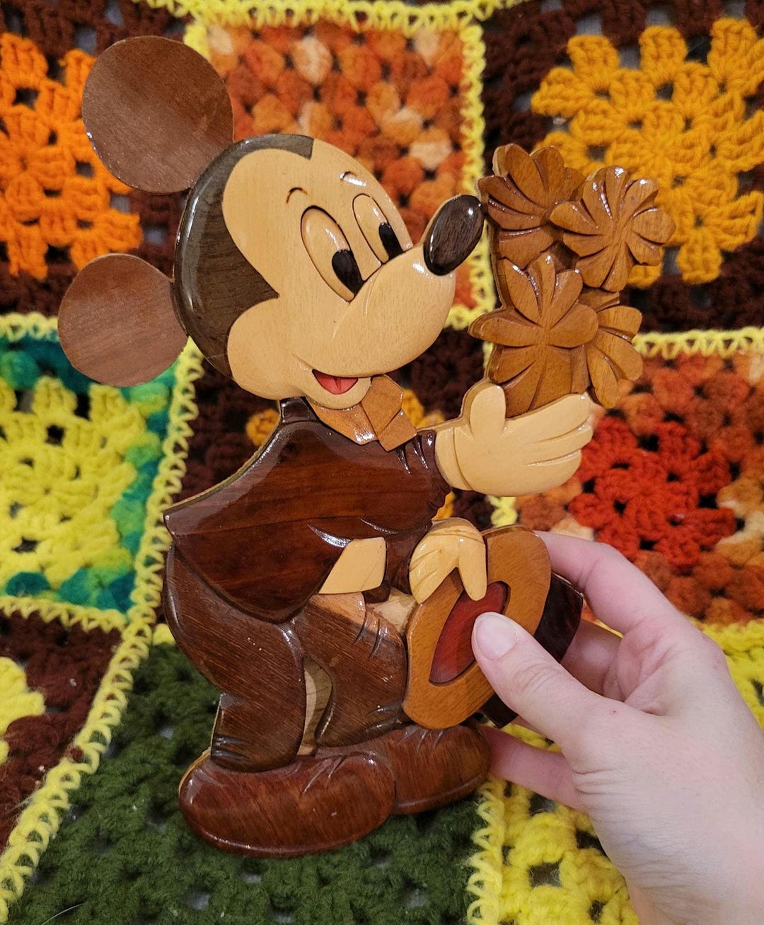 Vintage Wooden Intarsia Mickey With Flowers Plaque, Wall Hanging Retro ...