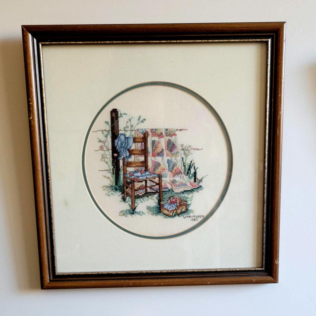 Vintage Wooden Framed Cross Stitch, 12.5x13, Cozy Rocking Chair Quilt ...