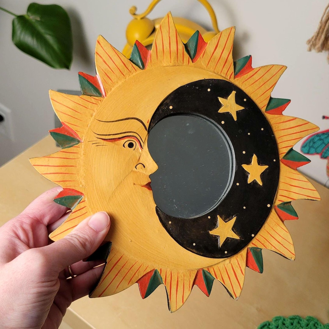 Vintage Small Wooden Celestial Mirror, Hand Painted Sun & Moon Stars ...