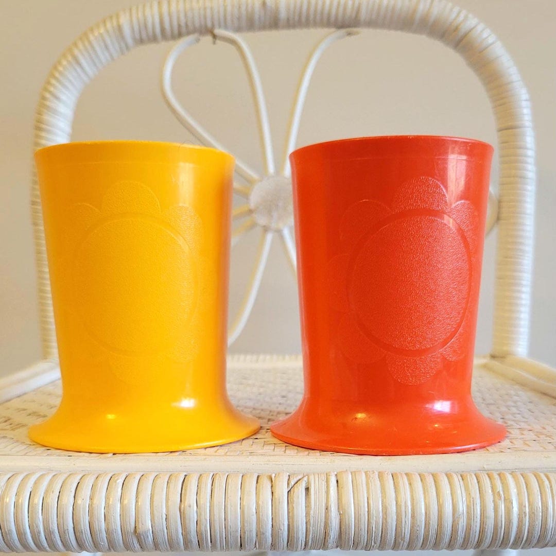 Vintage 70s Tupperware Plastic Cups, Orange & Yellow Embossed Flower ...