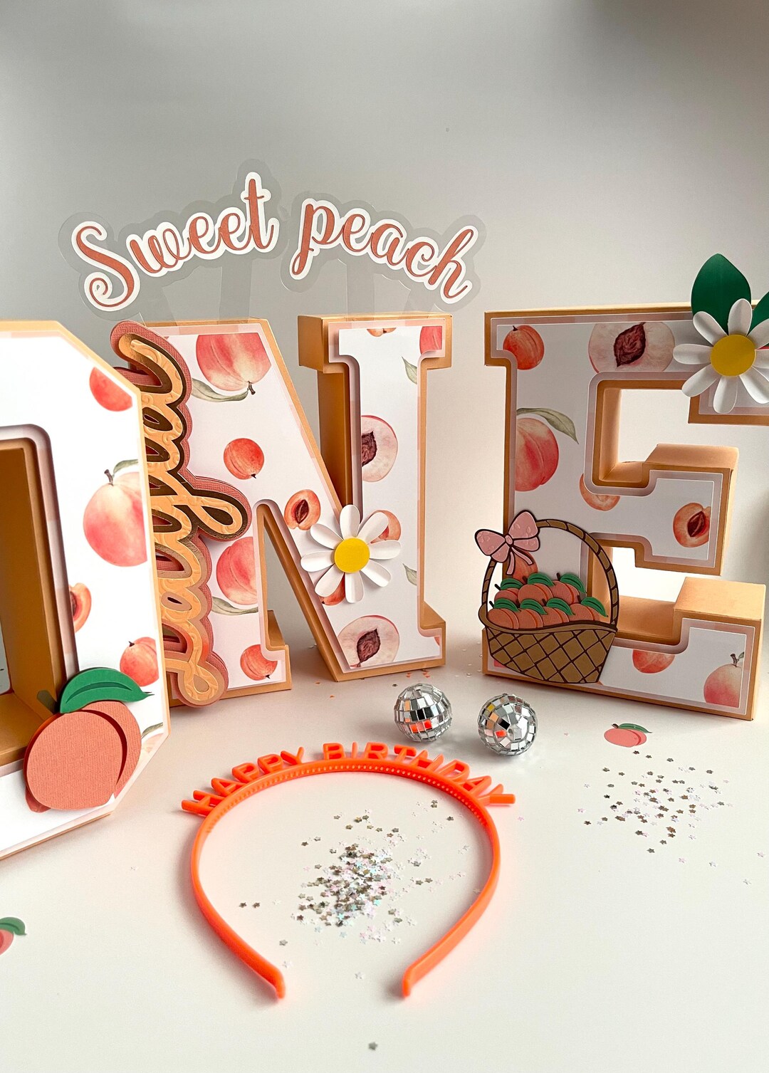 6” 3D Letter One Sweet Peach Birthday Girl Peaches Party Favors Two 3D ...