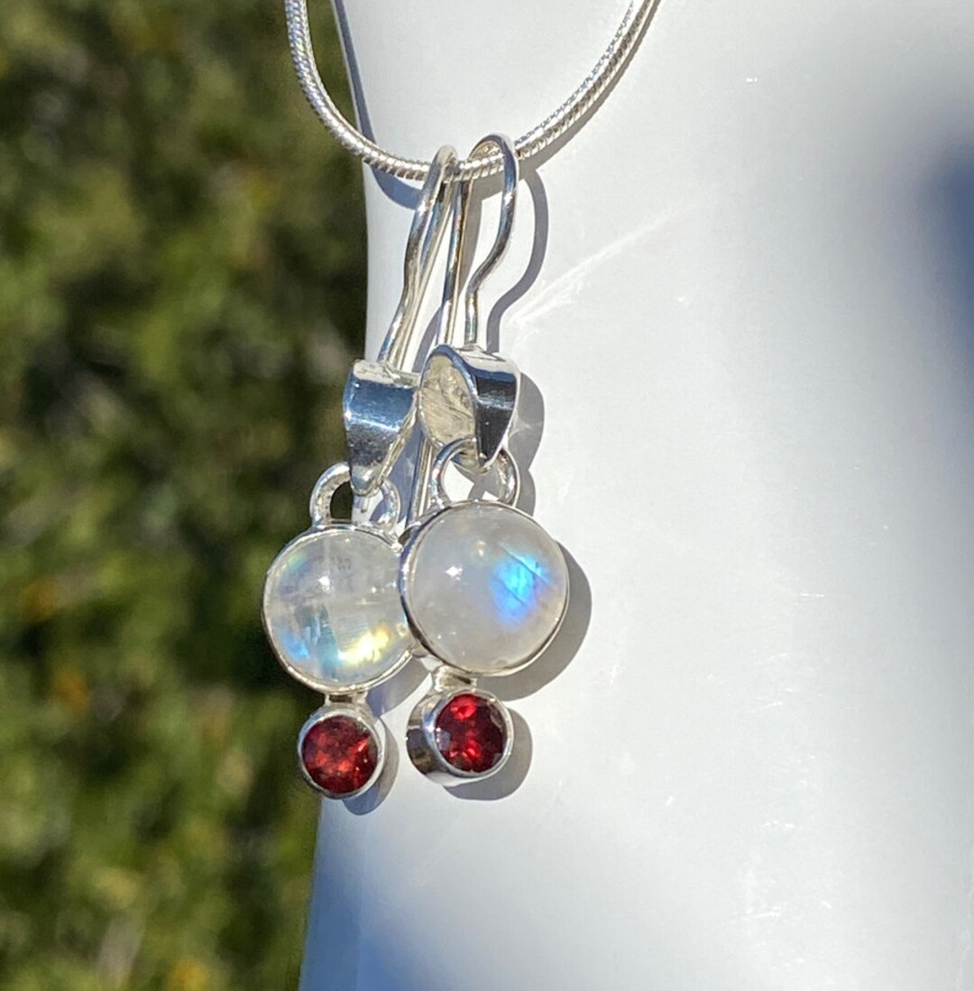 Rainbow Moonstone & Garnet Gemstone Sterling Silver Birthstone Dangle ...