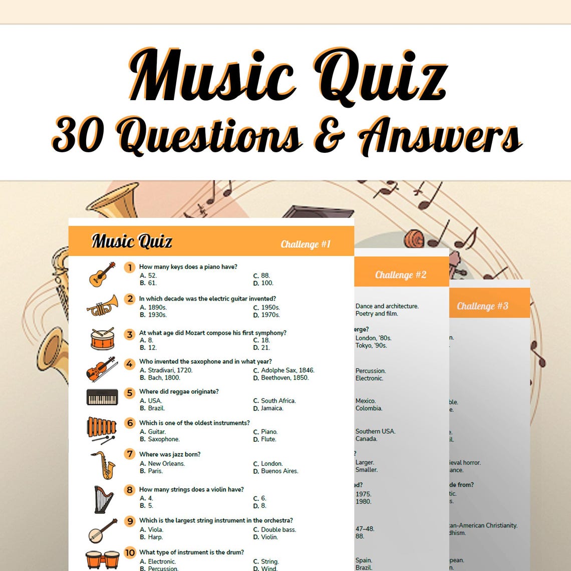 Music Quiz, 30 Questions and Answers. Printable Music Trivia. Party ...