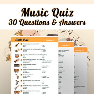 Music Quiz, 30 Questions and Answers. Printable Music Trivia. Party ...