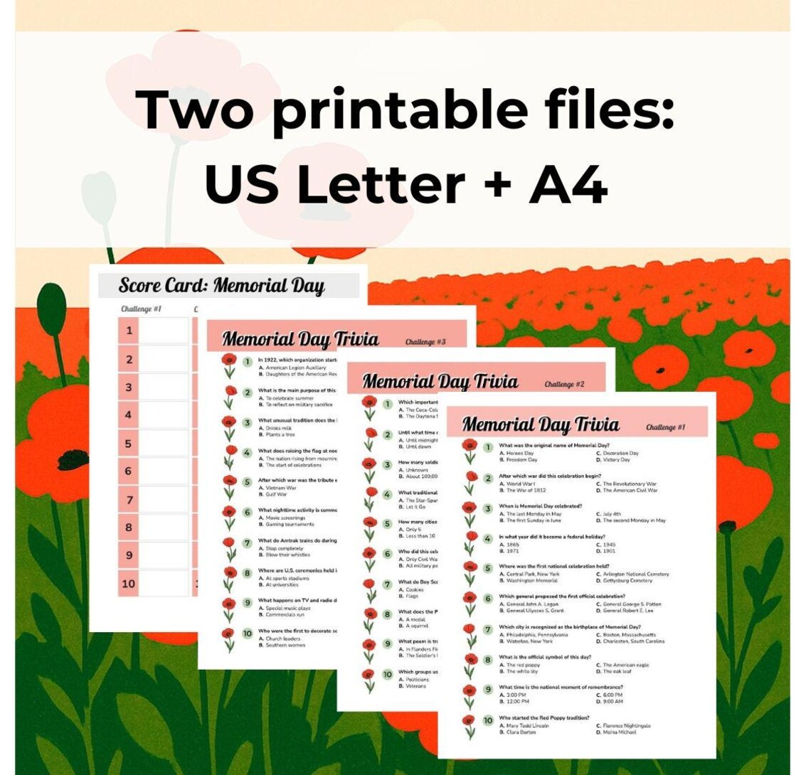 Memorial Day Trivia, 30 Questions With Answers and Two Score Cards ...