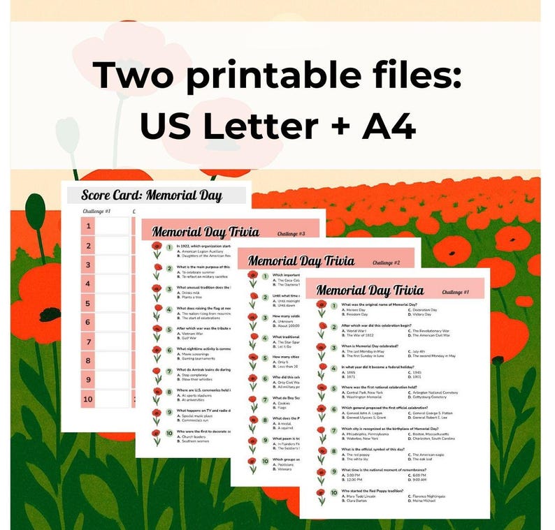 Memorial Day Trivia, 30 Questions With Answers and Two Score Cards ...