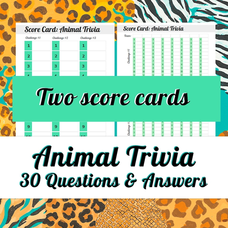 Animal Trivia, 30 Questions With Answers and Two Score Cards. Animal ...