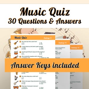 Music Quiz, 30 Questions and Answers. Printable Music Trivia. Party ...