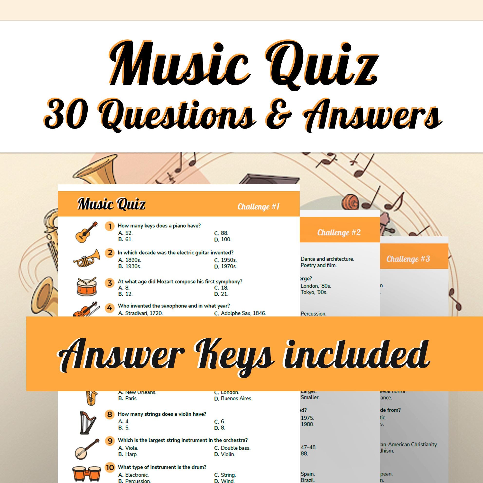 Music Quiz, 30 Questions and Answers. Printable Music Trivia. Party ...