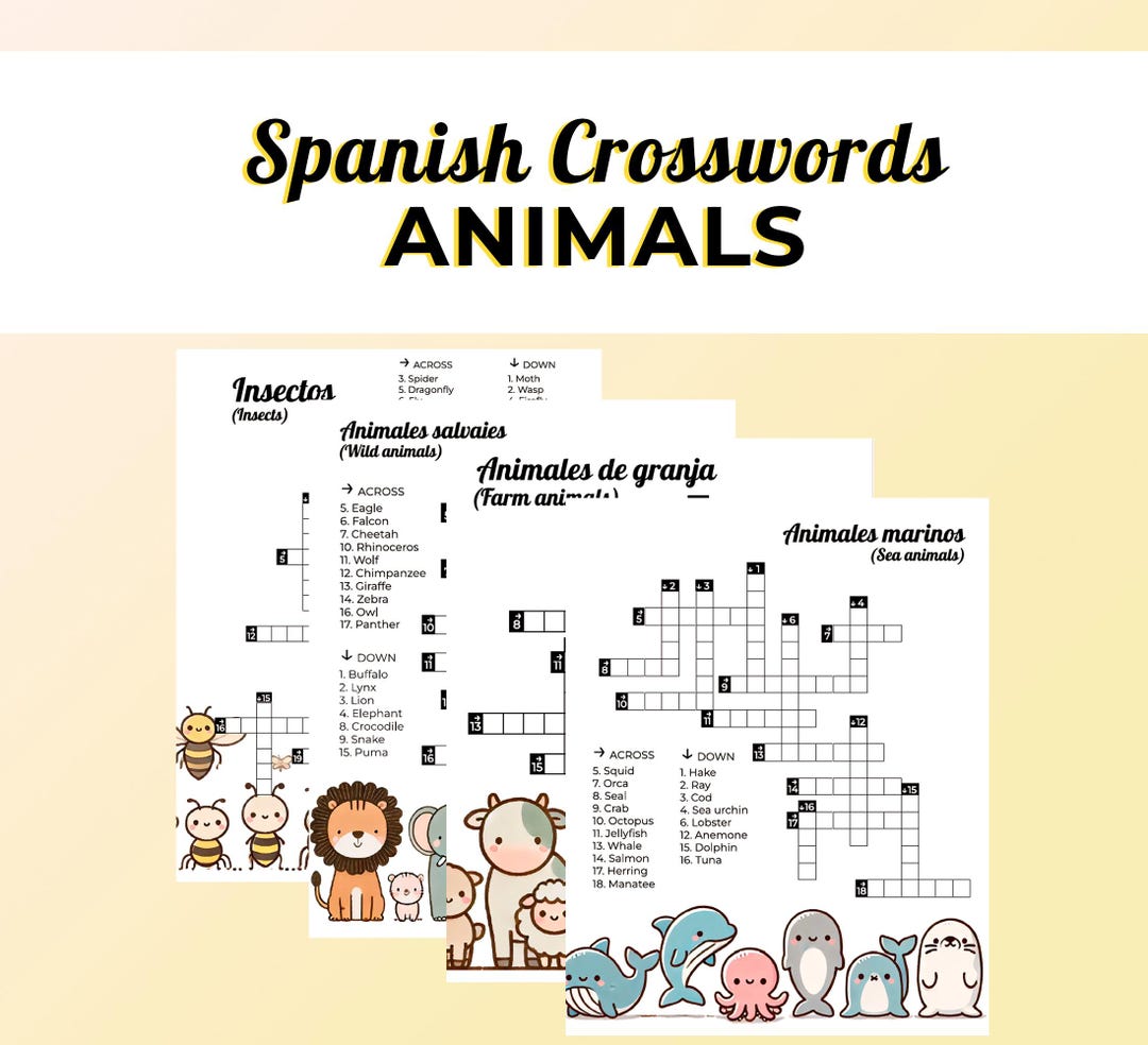 Spanish Crossword: ANIMALS Vocabulary. 4 Activities to Learn Spanish ...