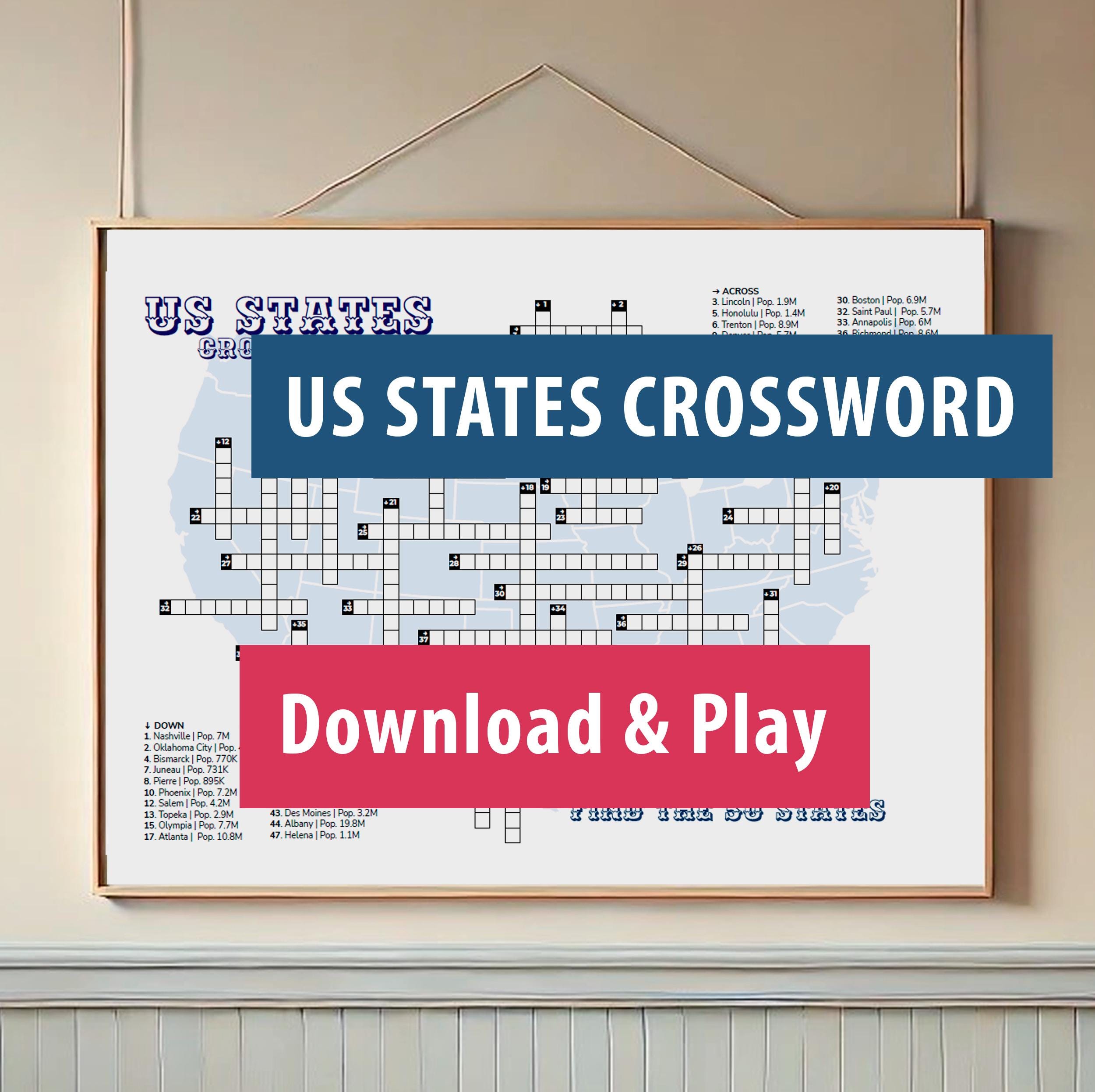 Crossword USA States, 4 Sizes. Find the 50 States. Solutions and Two ...