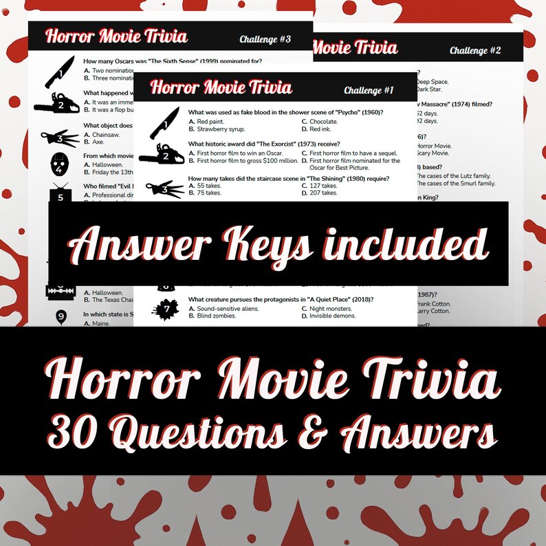 Horror Movie Trivia, 30 Questions With Answers and Two Score Cards ...