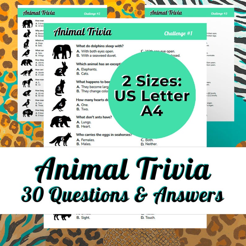Animal Trivia, 30 Questions With Answers and Two Score Cards. Animal ...