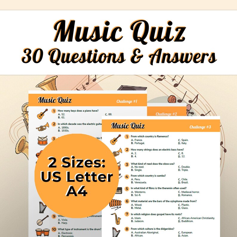 Music Quiz, 30 Questions and Answers. Printable Music Trivia. Party ...