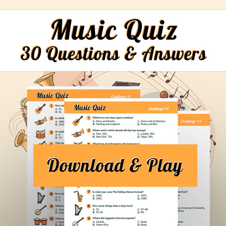 Music Quiz, 30 Questions and Answers. Printable Music Trivia. Party ...