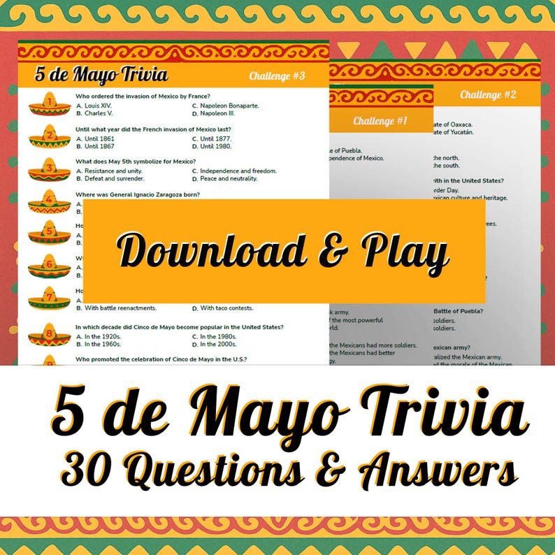 5 De Mayo Trivia, 30 Questions With Answers and Two Score Cards. Trivia ...
