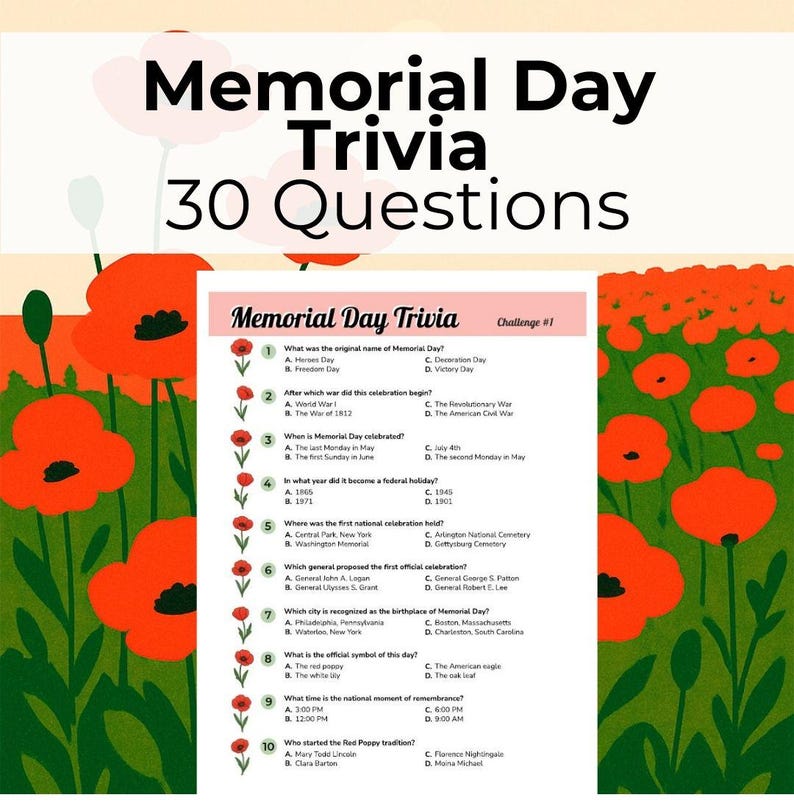 Memorial Day Trivia, 30 Questions With Answers and Two Score Cards ...