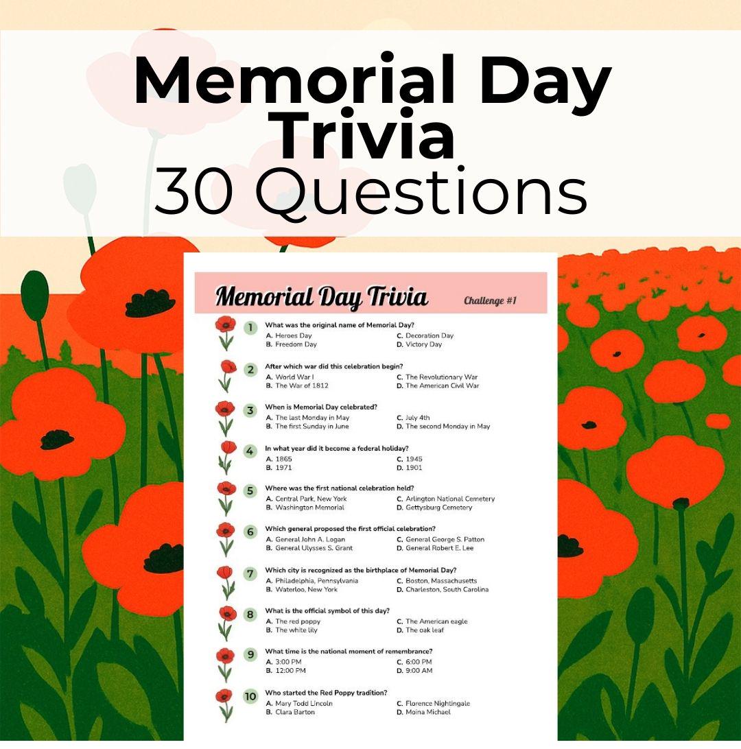 Memorial Day Trivia, 30 Questions With Answers and Two Score Cards ...