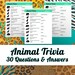 Animal Trivia, 30 Questions With Answers and Two Score Cards. Animal ...