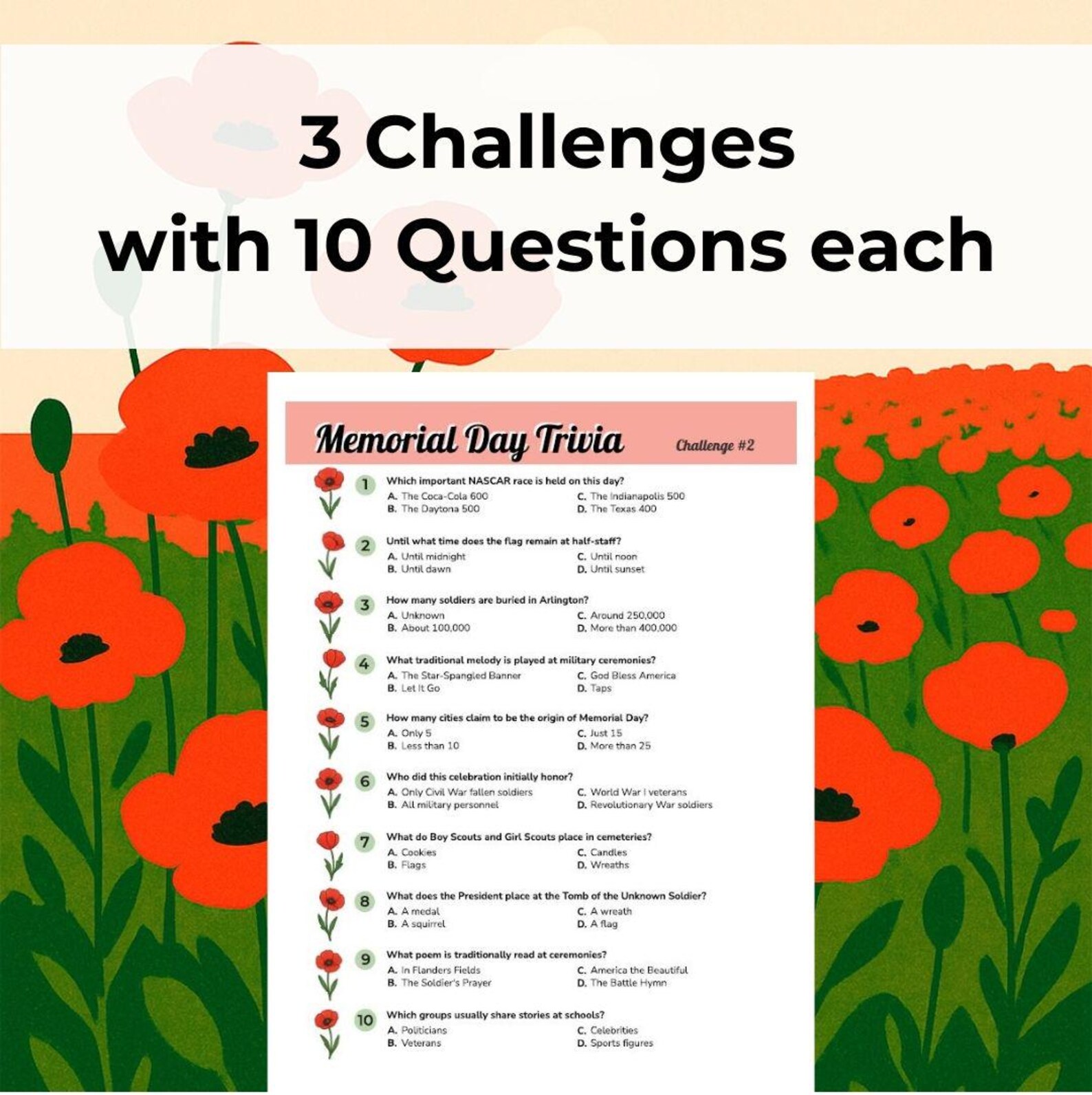 Memorial Day Trivia, 30 Questions With Answers and Two Score Cards ...
