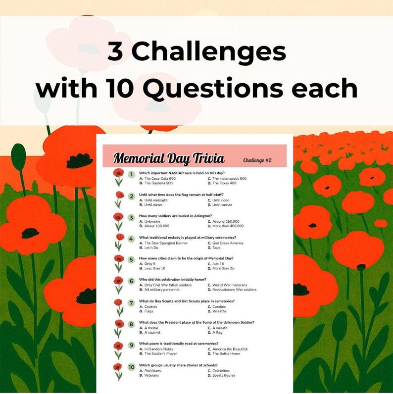 Memorial Day Trivia, 30 Questions With Answers and Two Score Cards ...