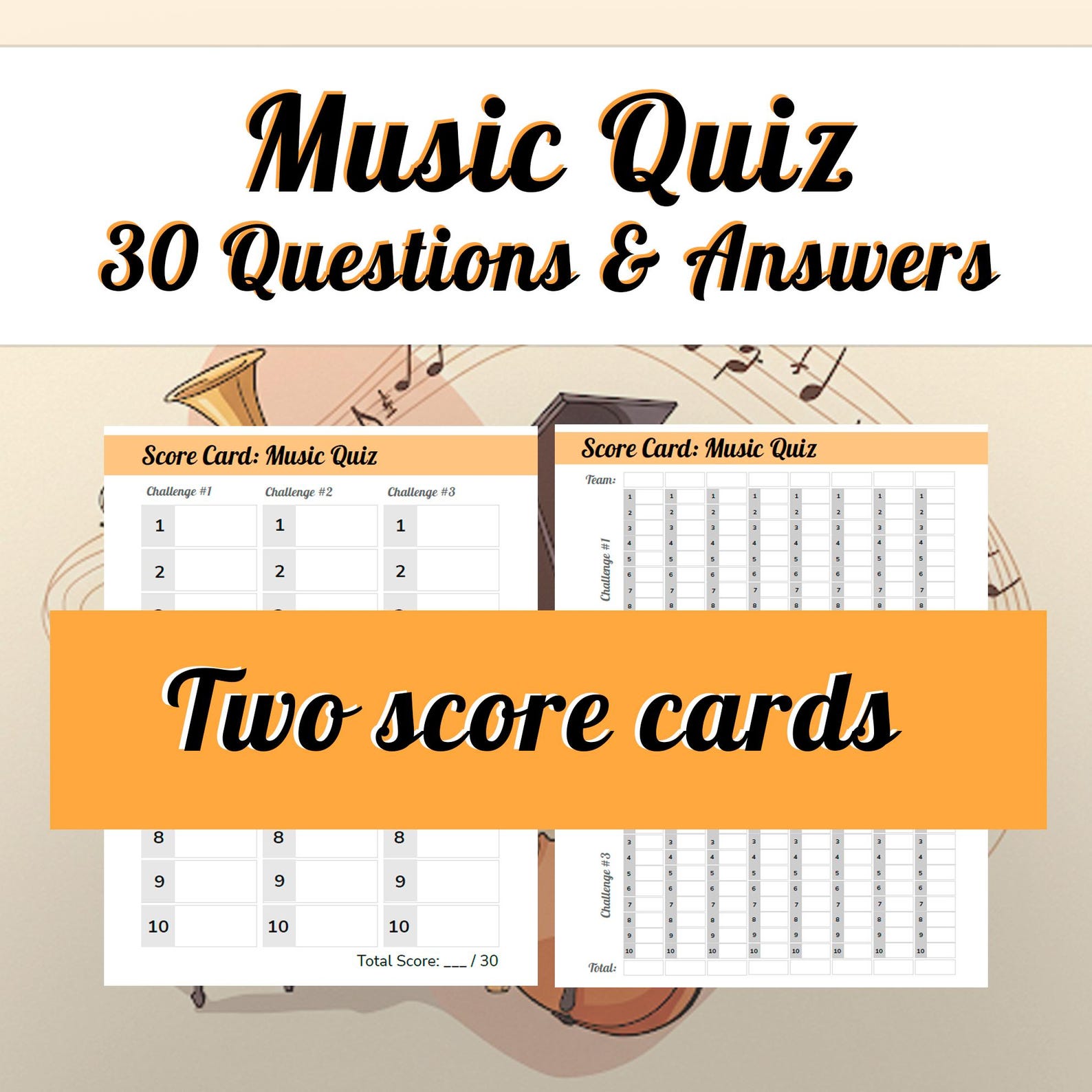 Music Quiz, 30 Questions and Answers. Printable Music Trivia. Party ...