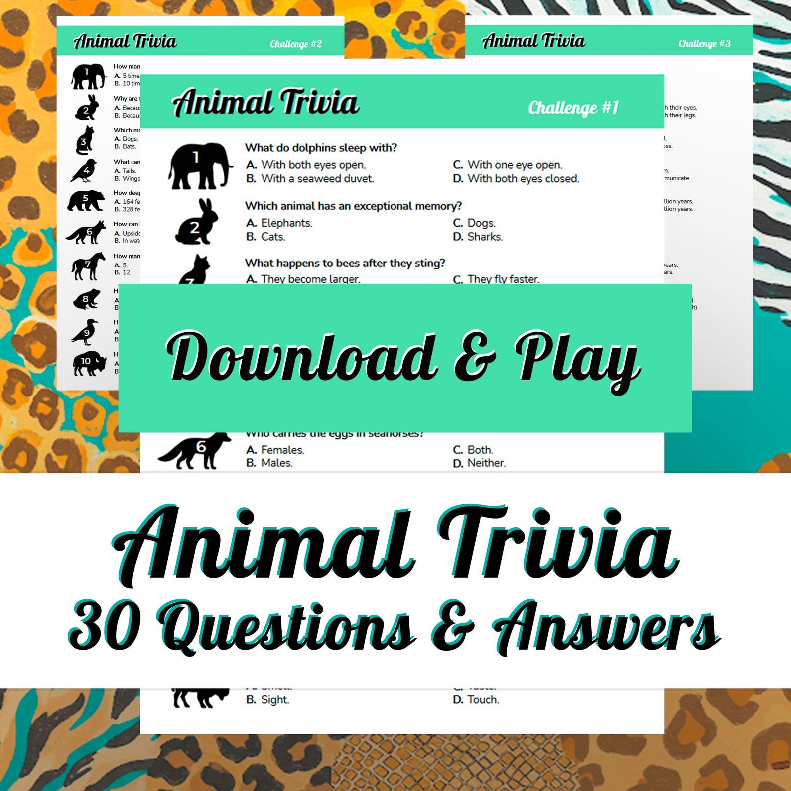 Animal Trivia, 30 Questions With Answers and Two Score Cards. Animal ...