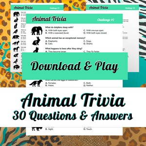 Animal Trivia, 30 Questions With Answers and Two Score Cards. Animal ...