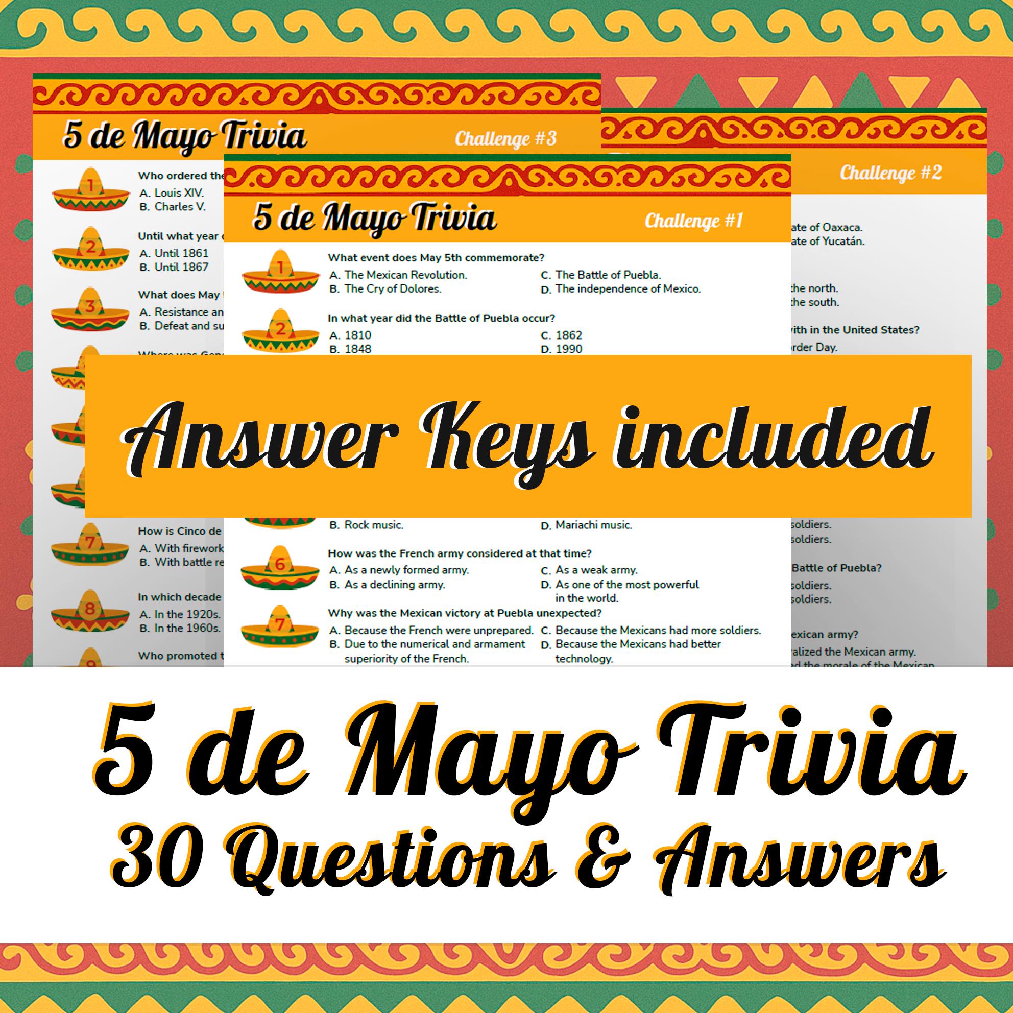 5 De Mayo Trivia, 30 Questions With Answers and Two Score Cards. Trivia ...