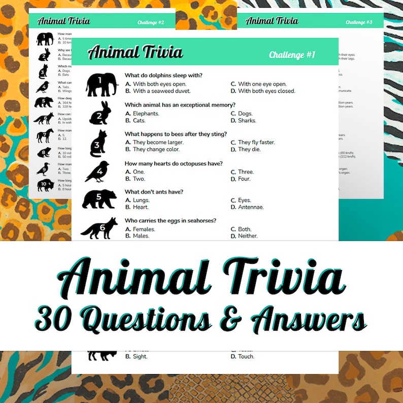 Animal Trivia, 30 Questions With Answers and Two Score Cards. Animal ...