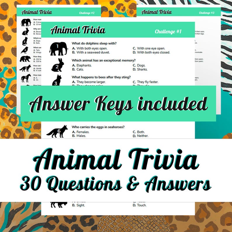 Animal Trivia, 30 Questions With Answers and Two Score Cards. Animal ...