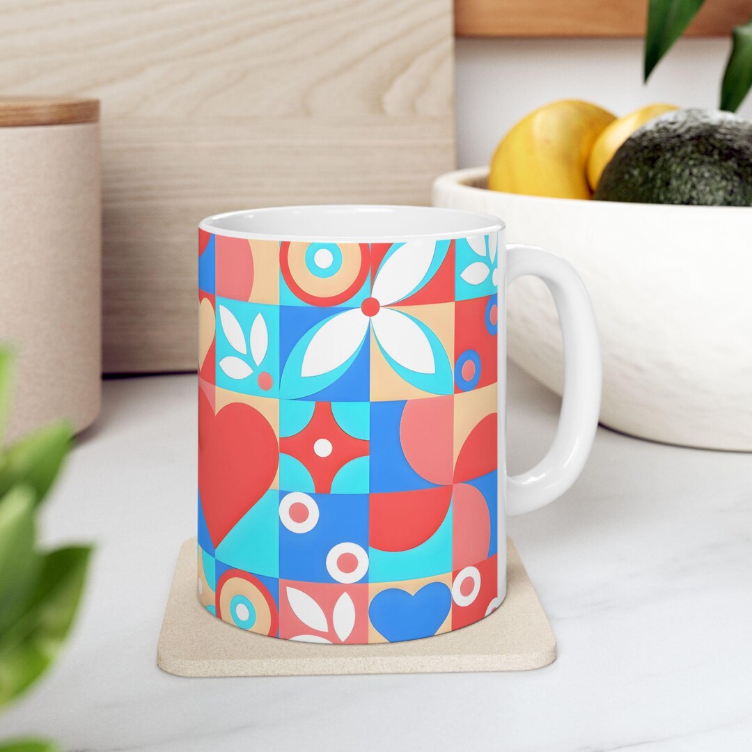 Retro Heart Tile Mug: Mid-century Boho Geometric Floral Coffee Cup ...