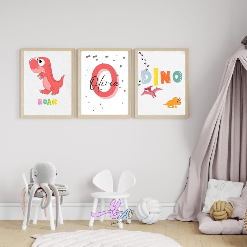 Personalized Dinosaur Wall Art Print Set - Custom 3 Piece Kids Room ...