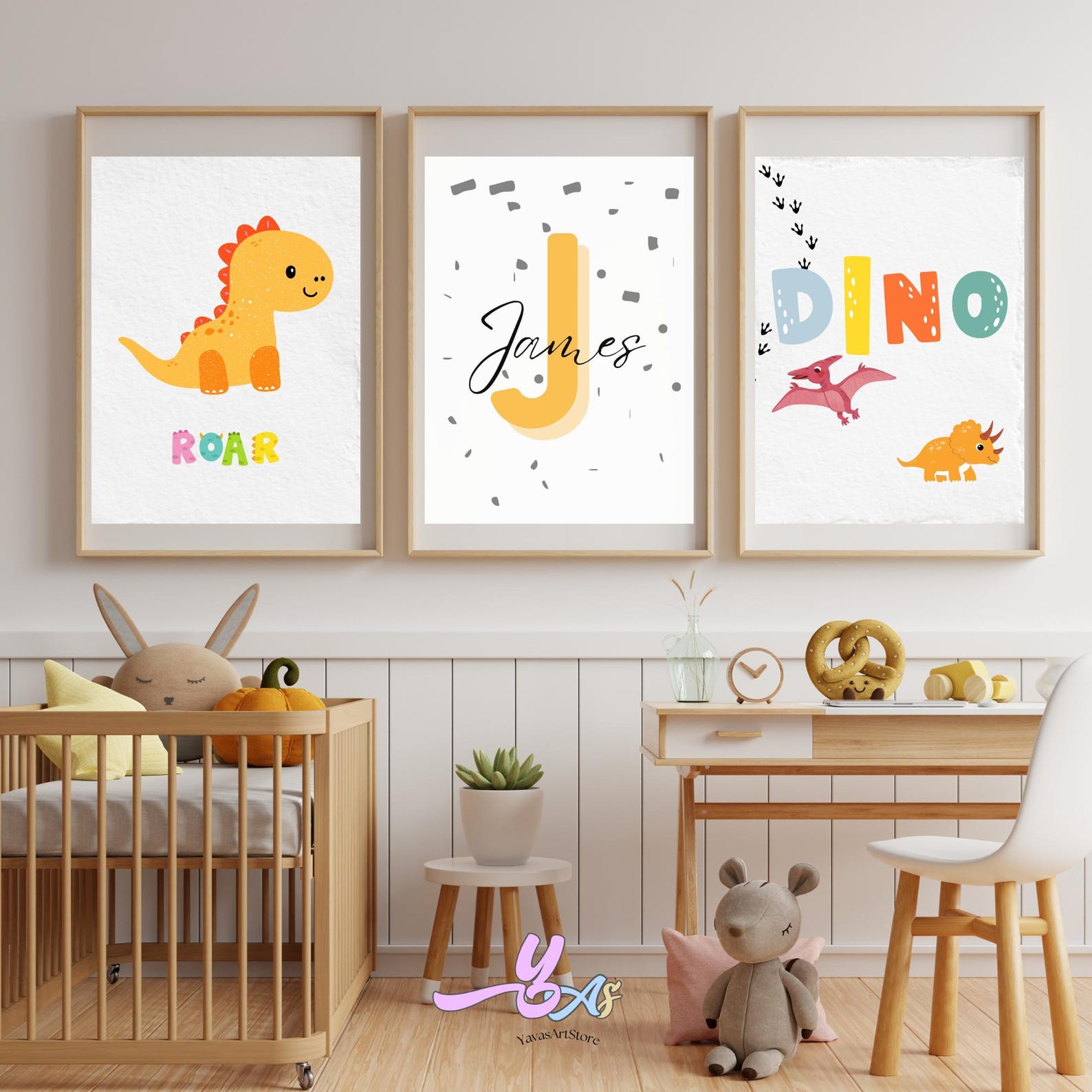 Personalized Dinosaur Wall Art Print Set - Custom 3 Piece Kids Room ...