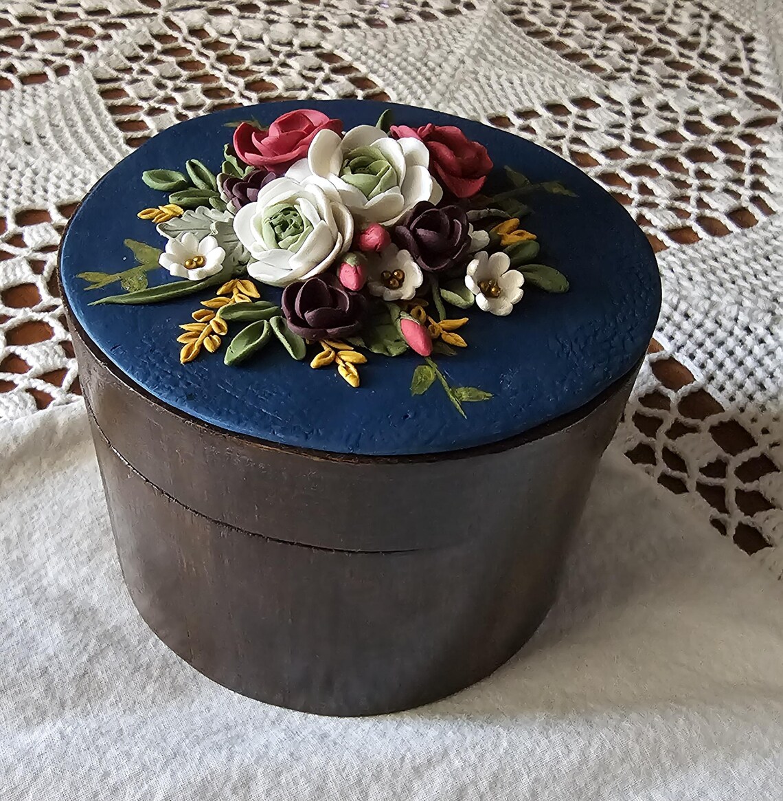Handmade Polymer Clay Floral Jewelry Box: Walnut With Red Wine Velvet ...