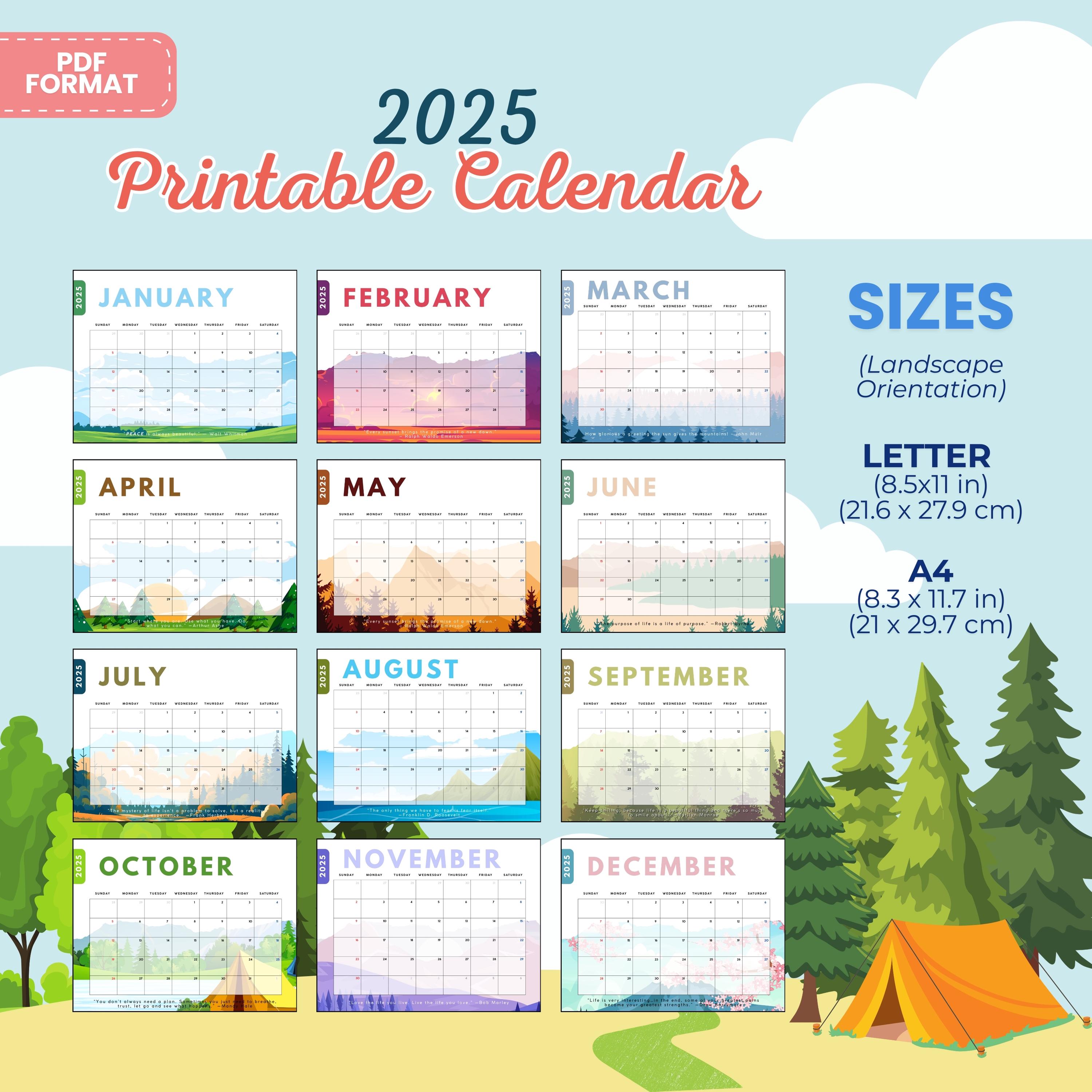 2025 Monthly Printable Calendar A4 and Letter Size Calendar, Landscape ...
