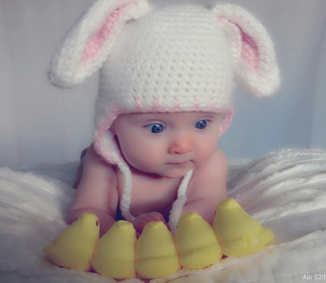 Cotton Baby Bunny Rabbit Earflap Hat in Size 0 to 6 Month or 6 to 12 ...