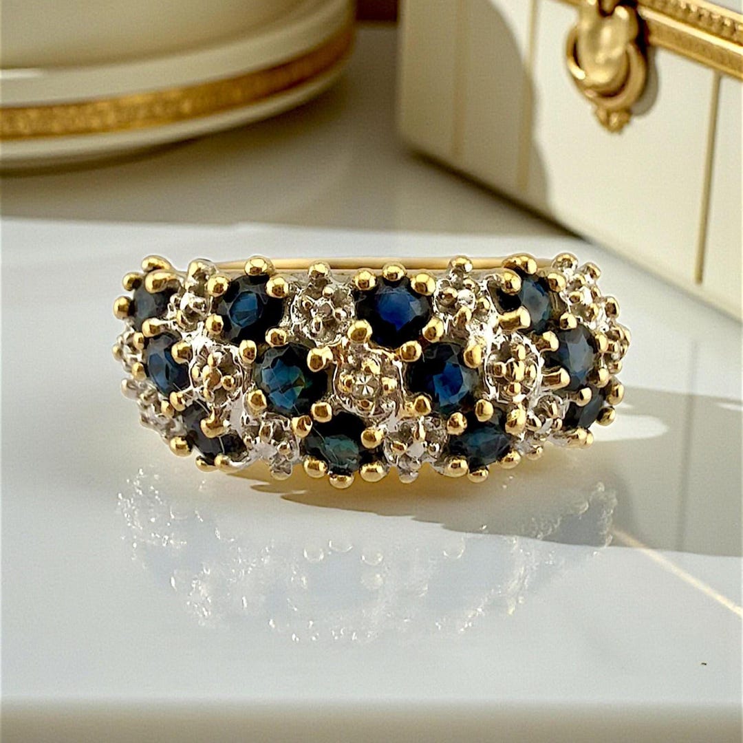 Vintage Sapphire & Diamond Dome 10K Gold Ring | Cluster 90's Era - Etsy