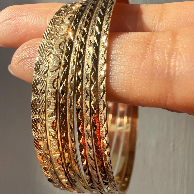 Vintage 10K Gold Stackable Bangles - Indian Style Patterned Bracelets ...