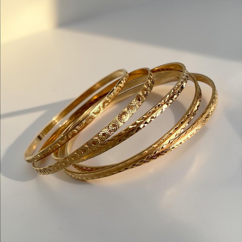 Vintage 10K Gold Stackable Bangles - Indian Style Patterned Bracelets ...
