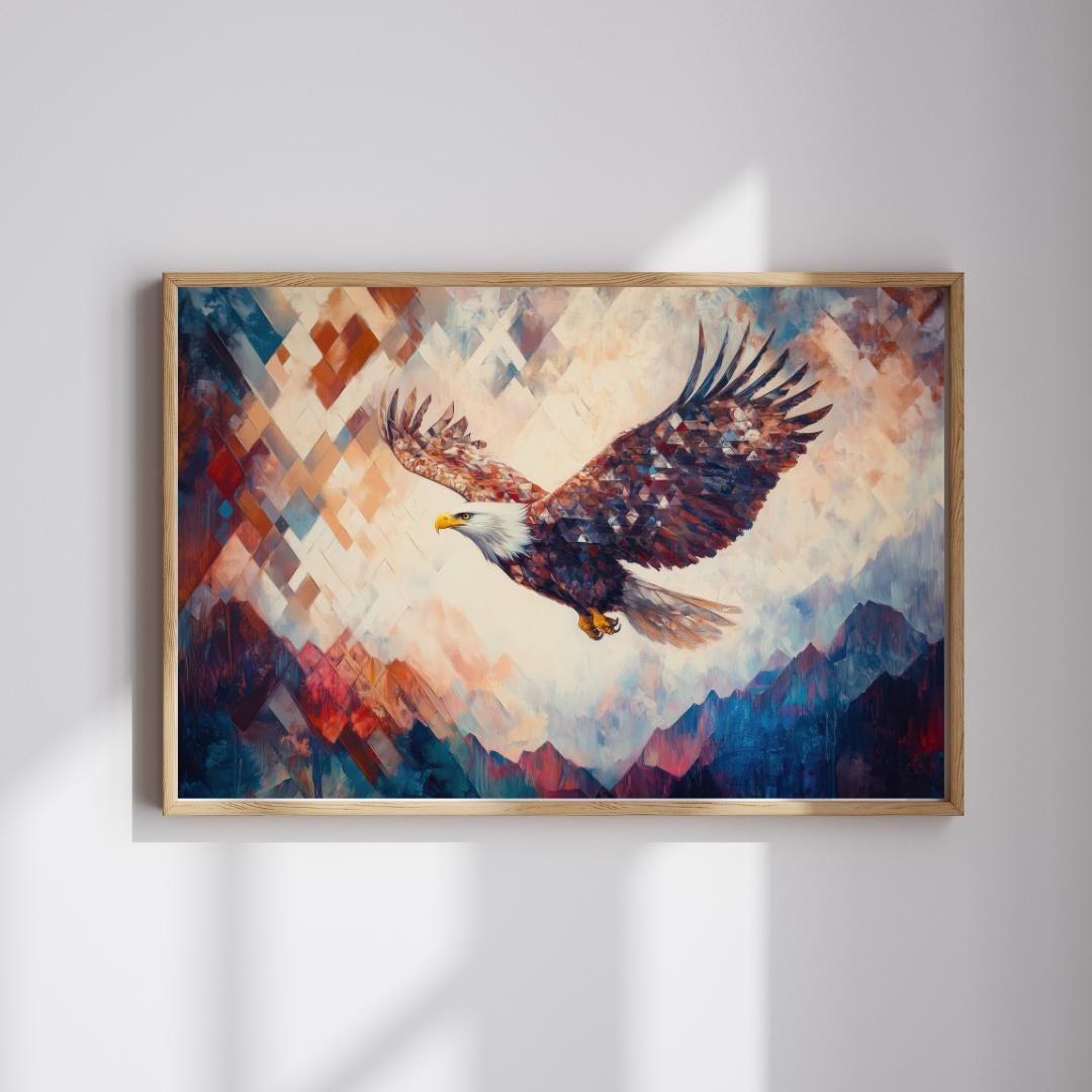 Wings of Resolve – Geometric Eagle in Flight Over Abstract Mountains ...