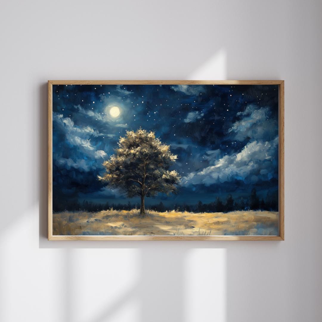 Midnight Tree Oil Painting – Lone Tree Under Moonlight – Dreamy Starry ...