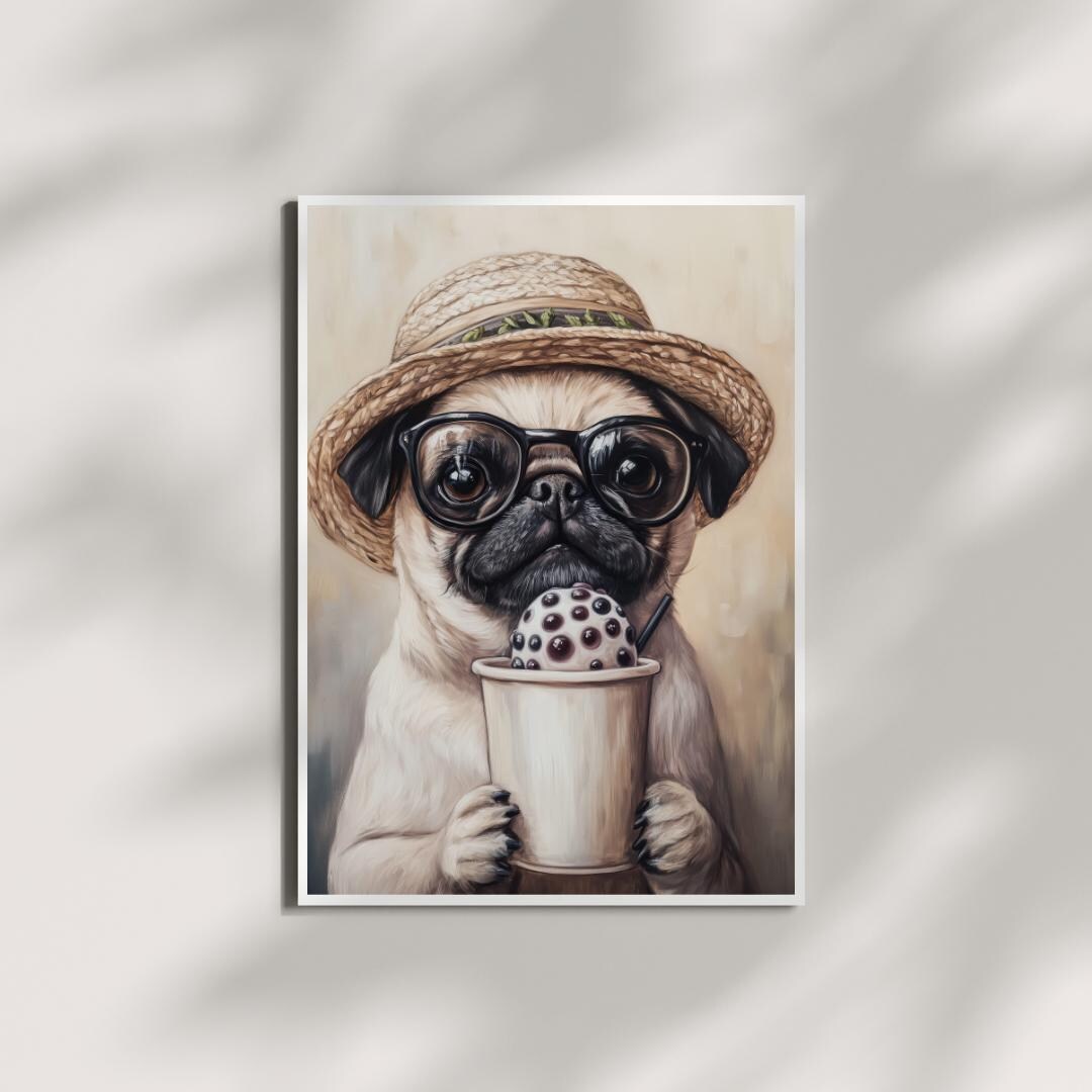 Boba Buddy – Pug With Bubble Tea, Glasses & Straw Hat | Quirky Dog Wall ...