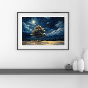 Midnight Tree Oil Painting – Lone Tree Under Moonlight – Dreamy Starry ...