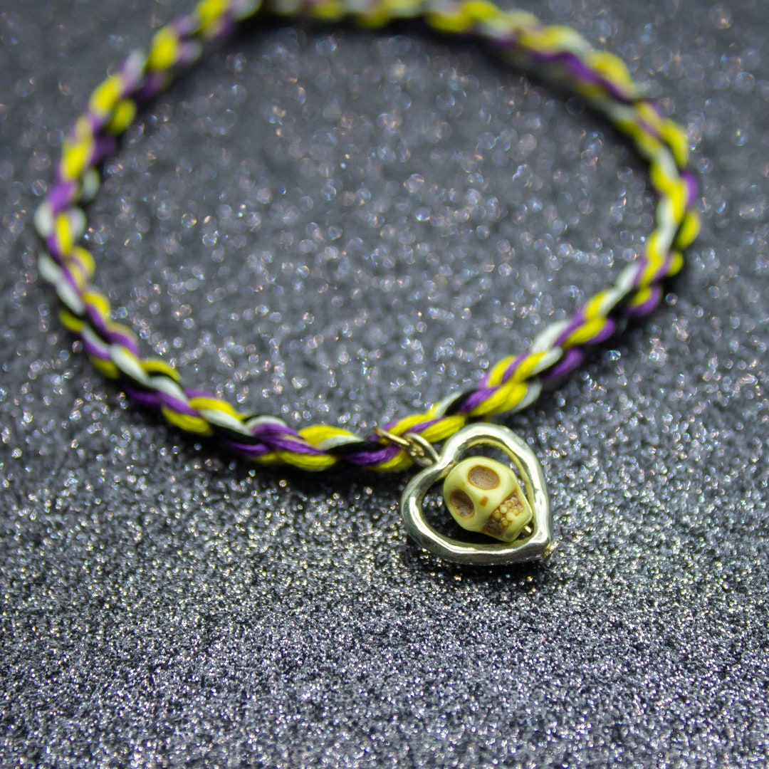 Nonbinary Flag Friendship Bracelet With Skull in Heart Charm, LGBTQ ...