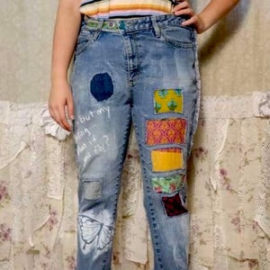 Women's Upcycled Art Jeans Size 12/14 Adjustable 32 to 35 Waist ...