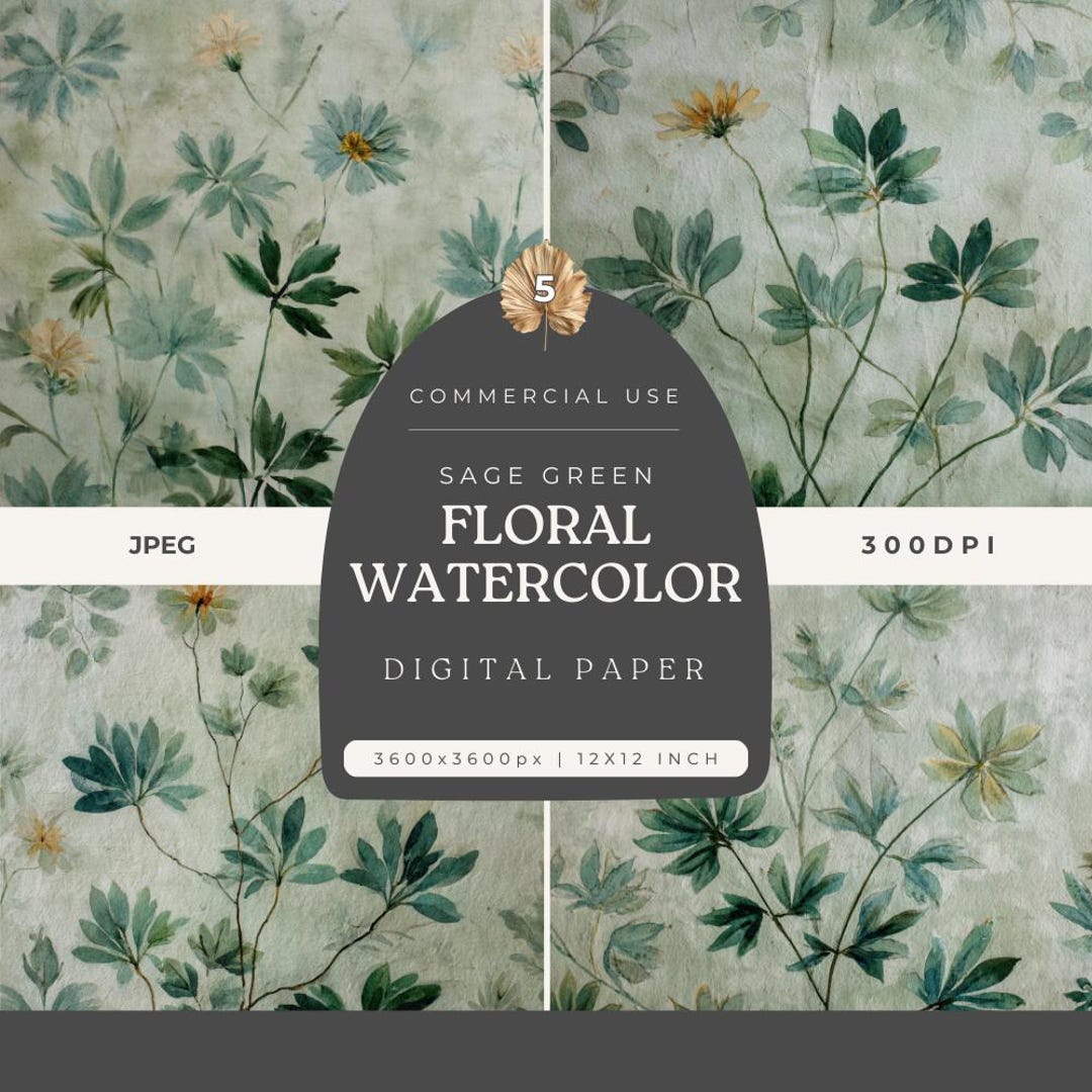 Sage Green Floral Watercolor Digital Paper, Vintage Botanical ...