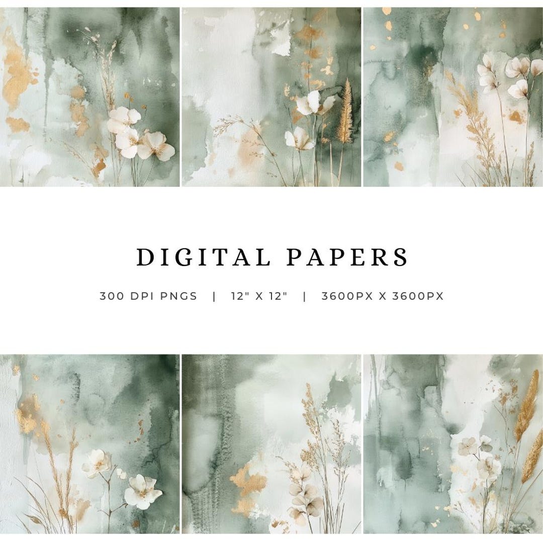 Sage Green Floral Digital Paper, Gold Watercolor Backgrounds Junk ...